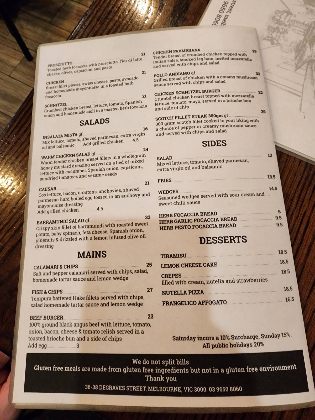 Menu at Cafe Andiamo, Melbourne
