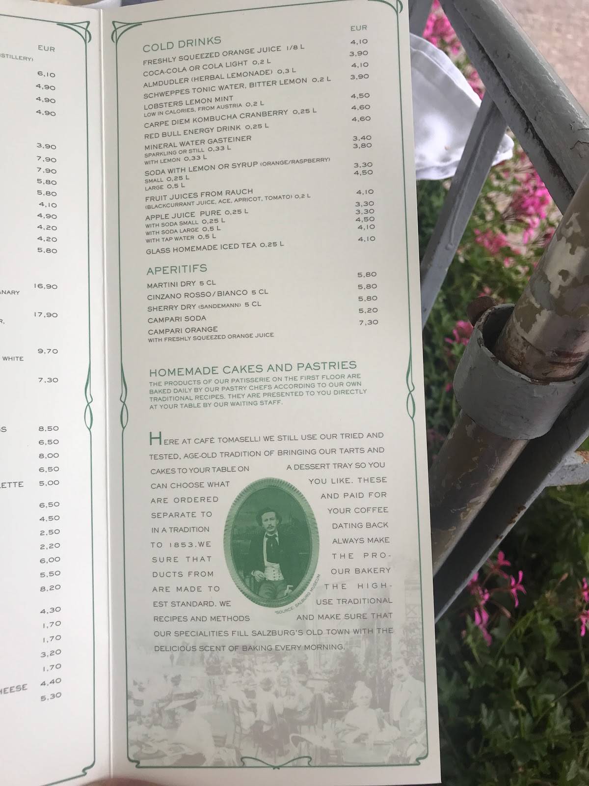 Menu at Café Tomaselli cafe, Salzburg