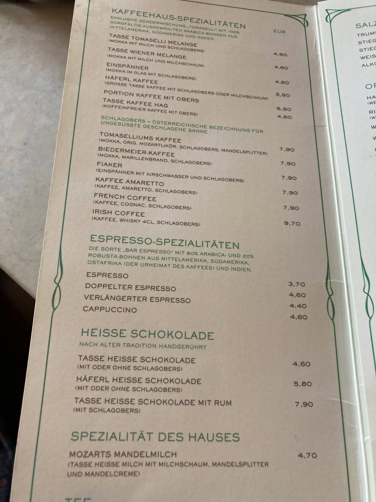 Menu at Café Tomaselli cafe, Salzburg