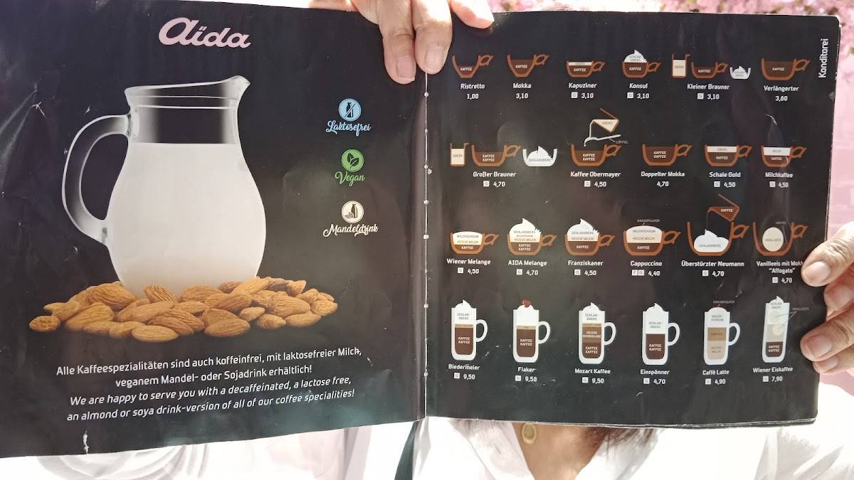 Menu at Aida cafe, Vienna, Singerstraße 1