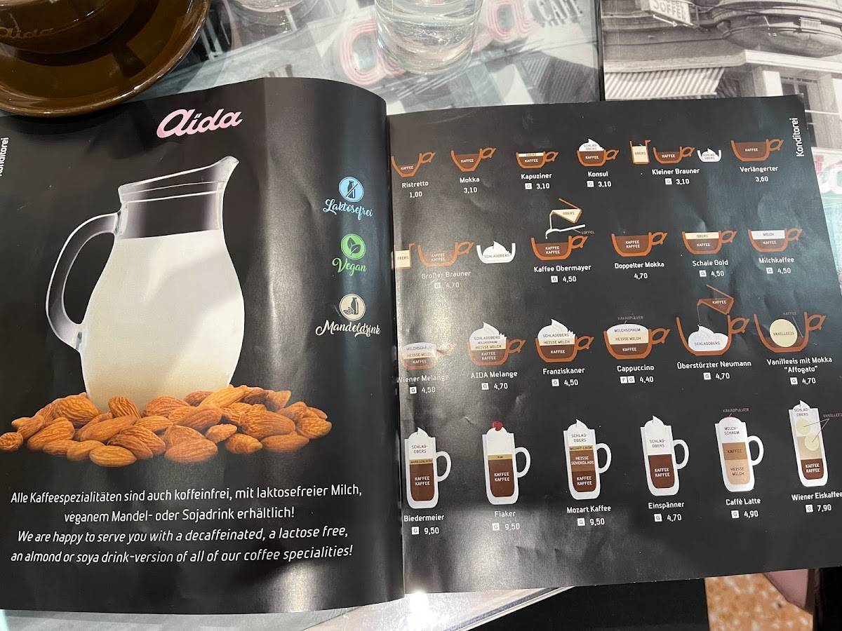 Menu at Aida cafe, Vienna, Singerstraße 1