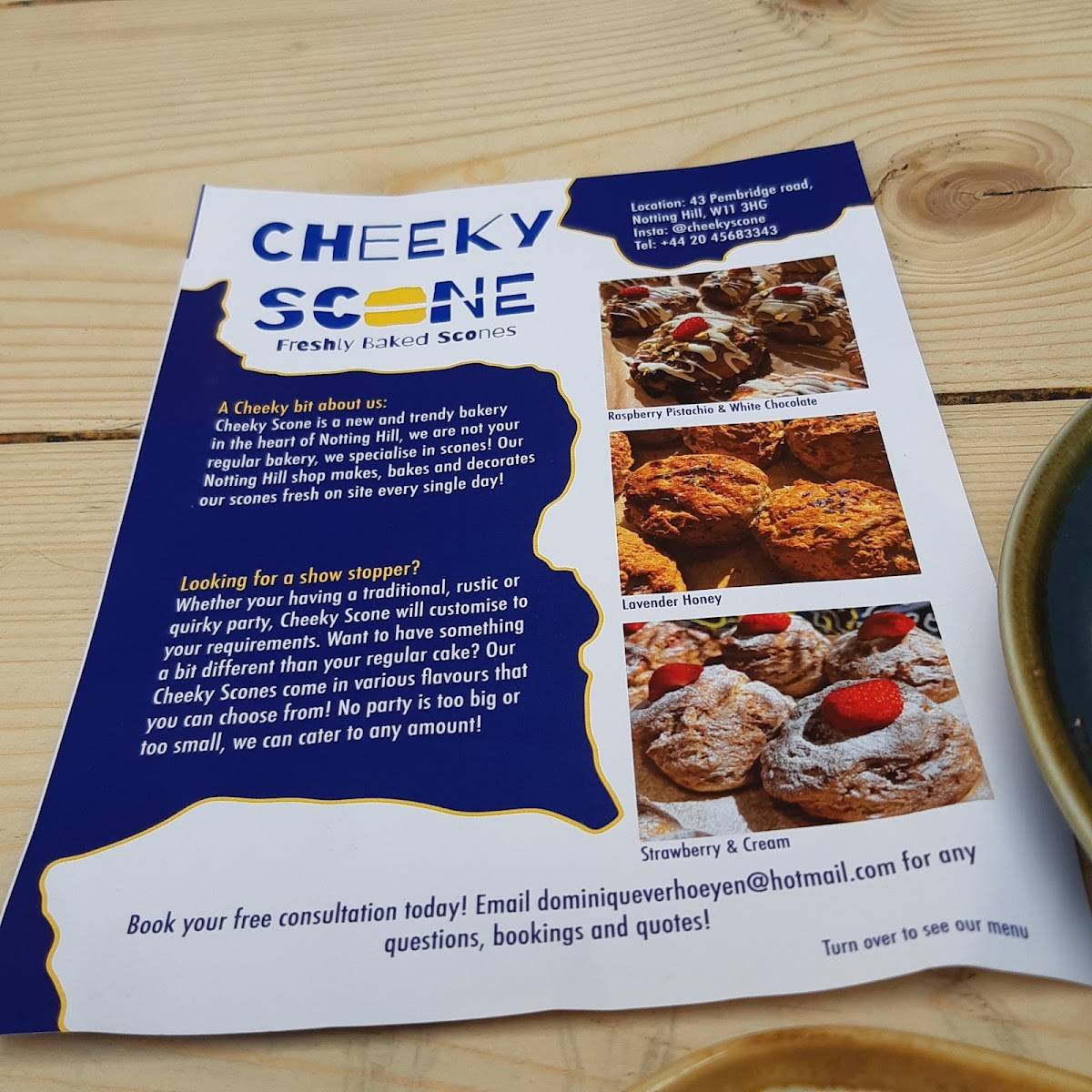 Menu at Cheeky Scone cafe, London