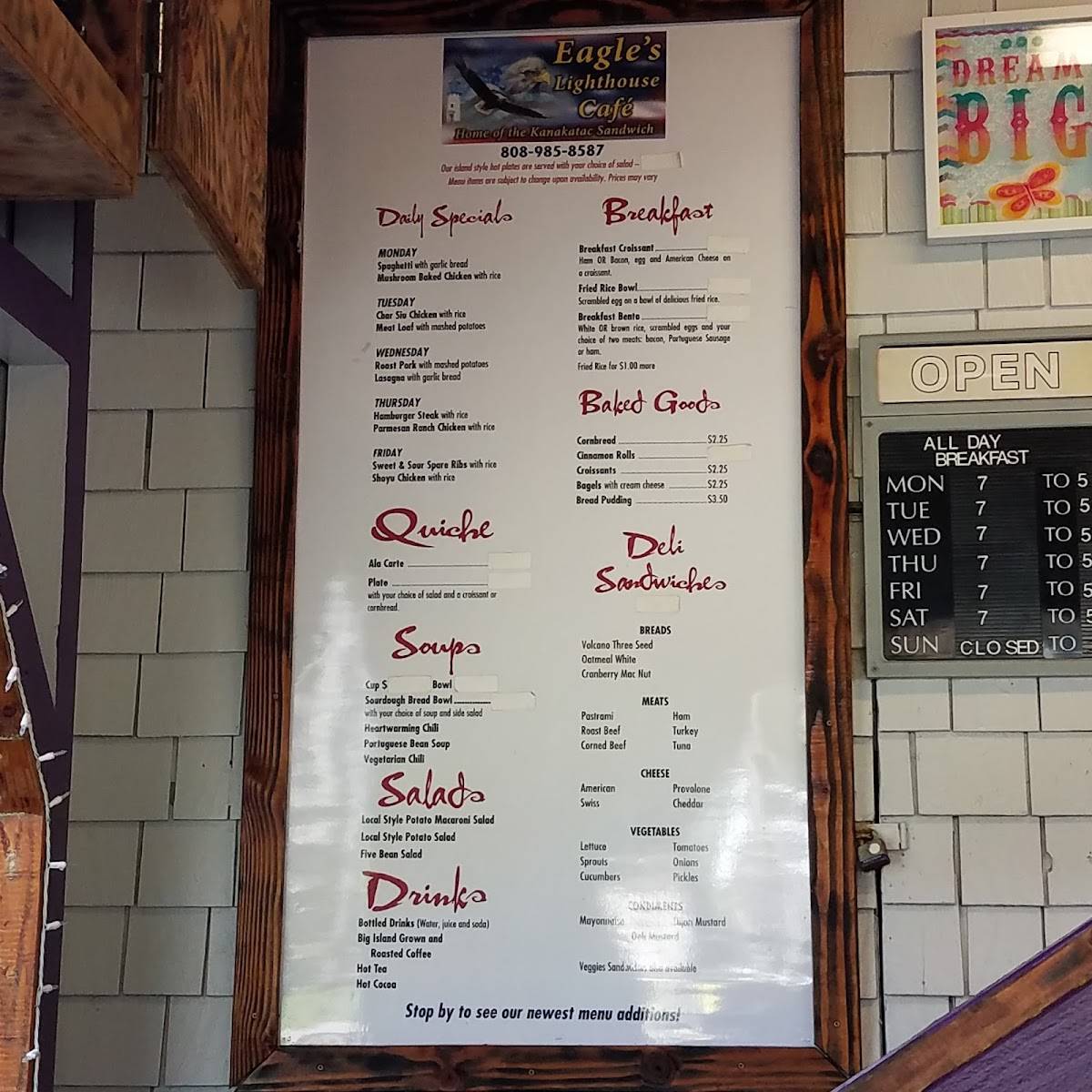 Carta de Eagle's Lighthouse Cafe, Volcano