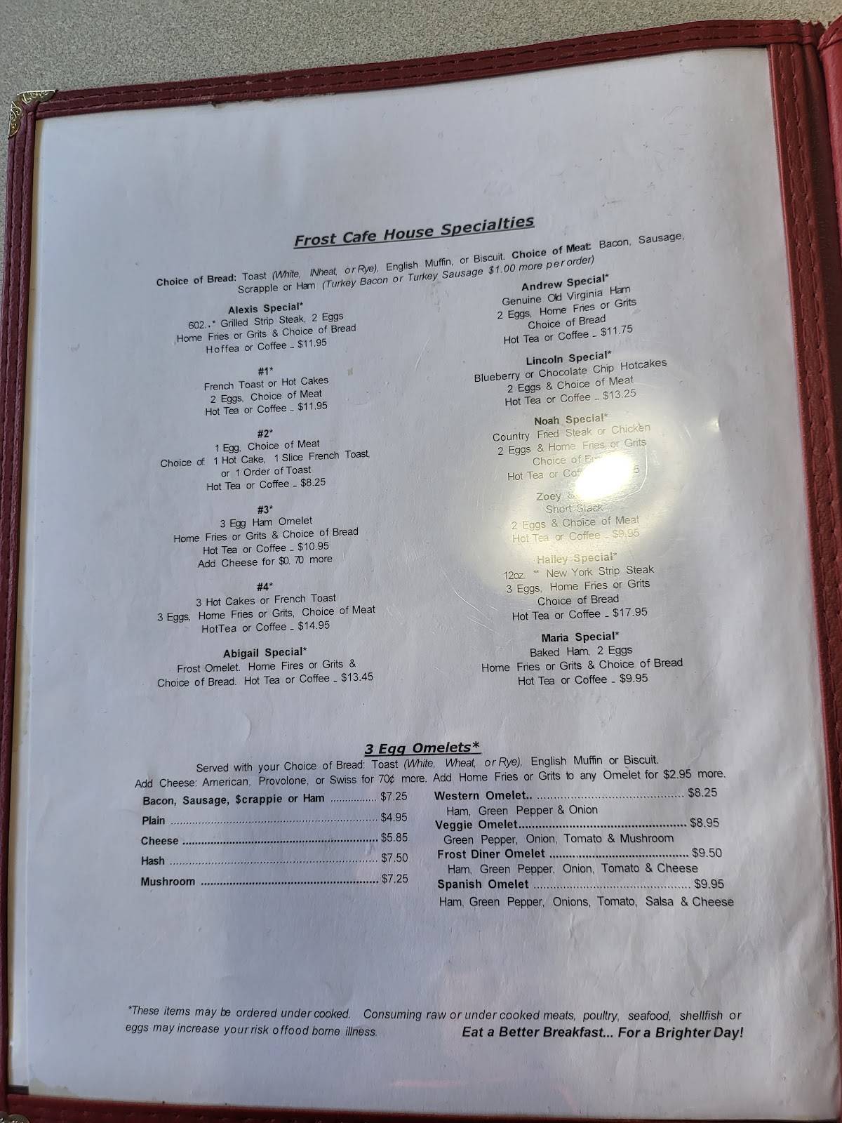 Menu at Frost Cafe, Culpeper