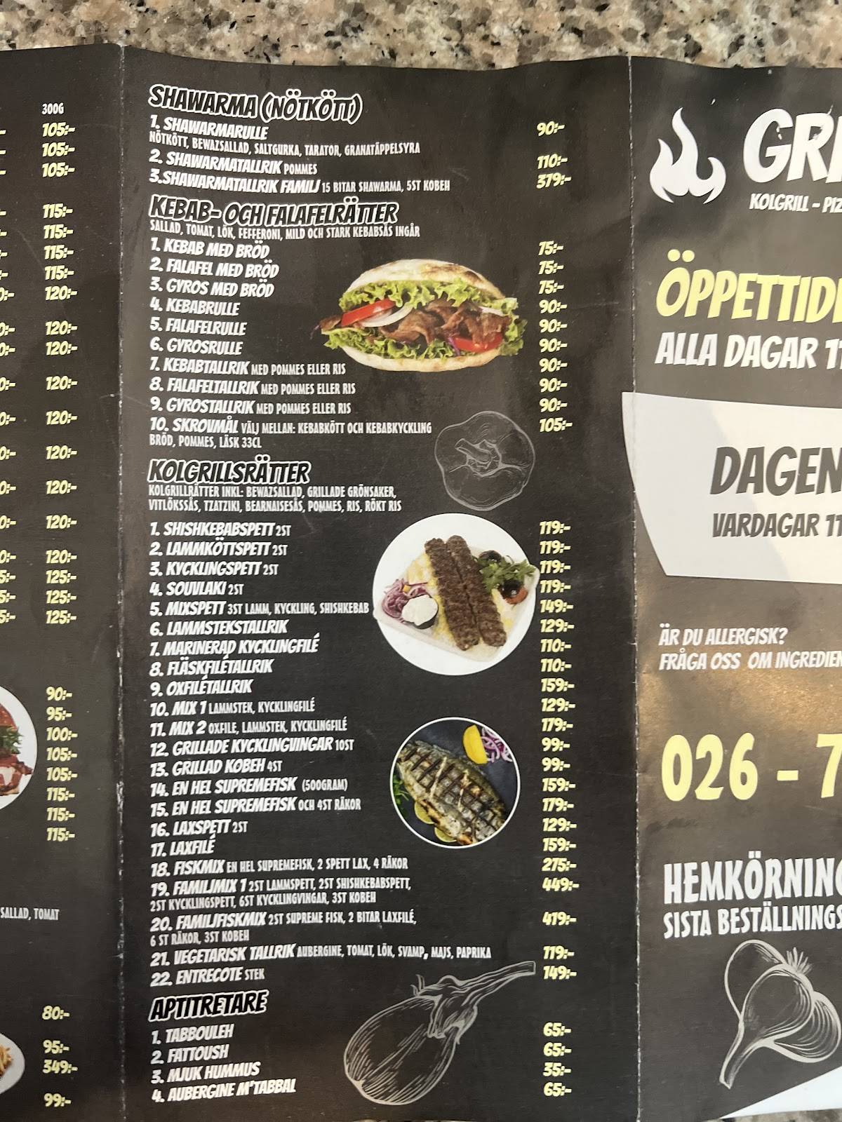 Menu at Grillhuset restaurant, Sandviken