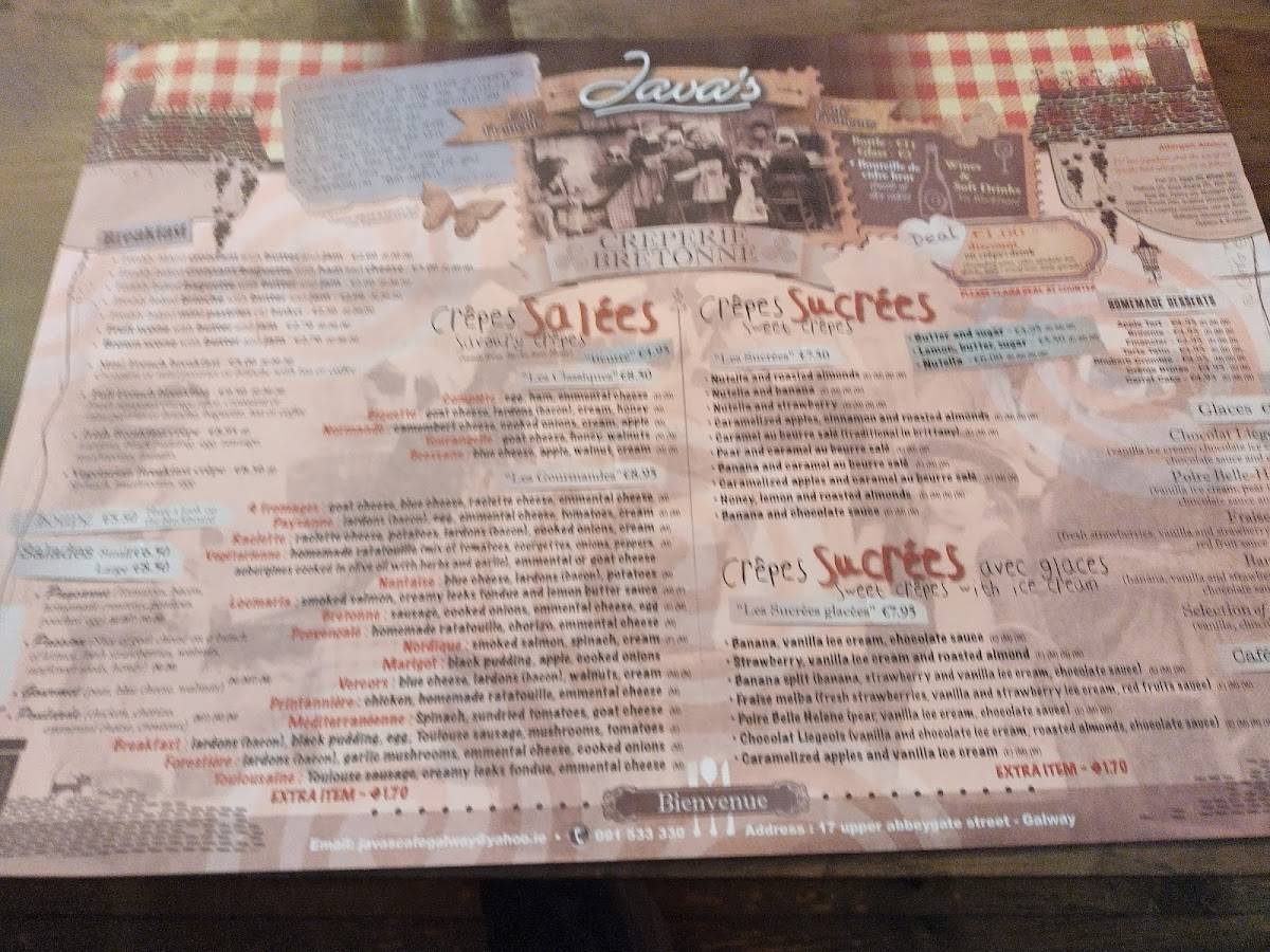 Menu at Java's Cafe, Galway