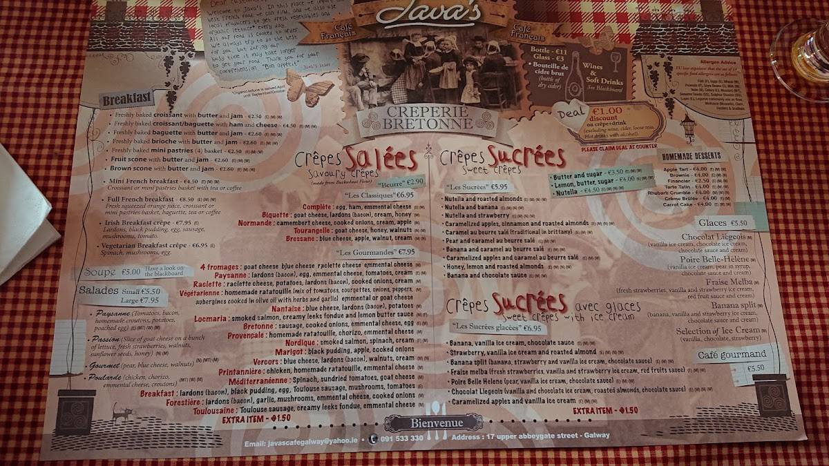 Menu at Java's Cafe, Galway