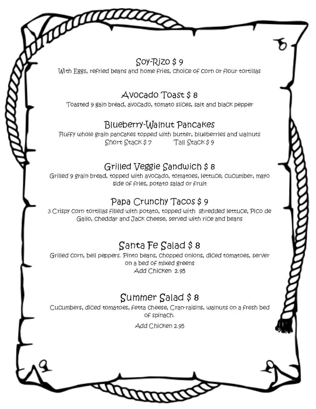 Menu at Keene Cafe, Keene