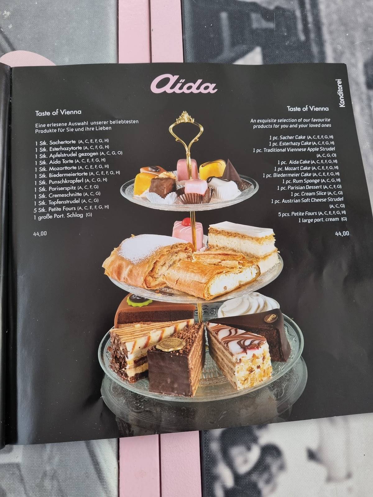 Menu at Aida cafe, Vienna, Singerstraße 1