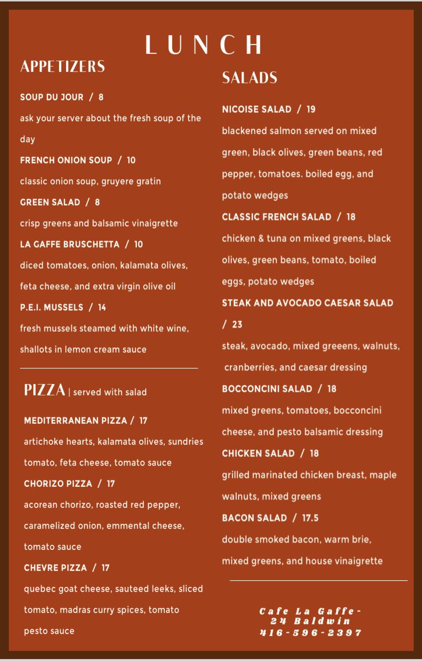 Menu at Cafe La Gaffe, Toronto