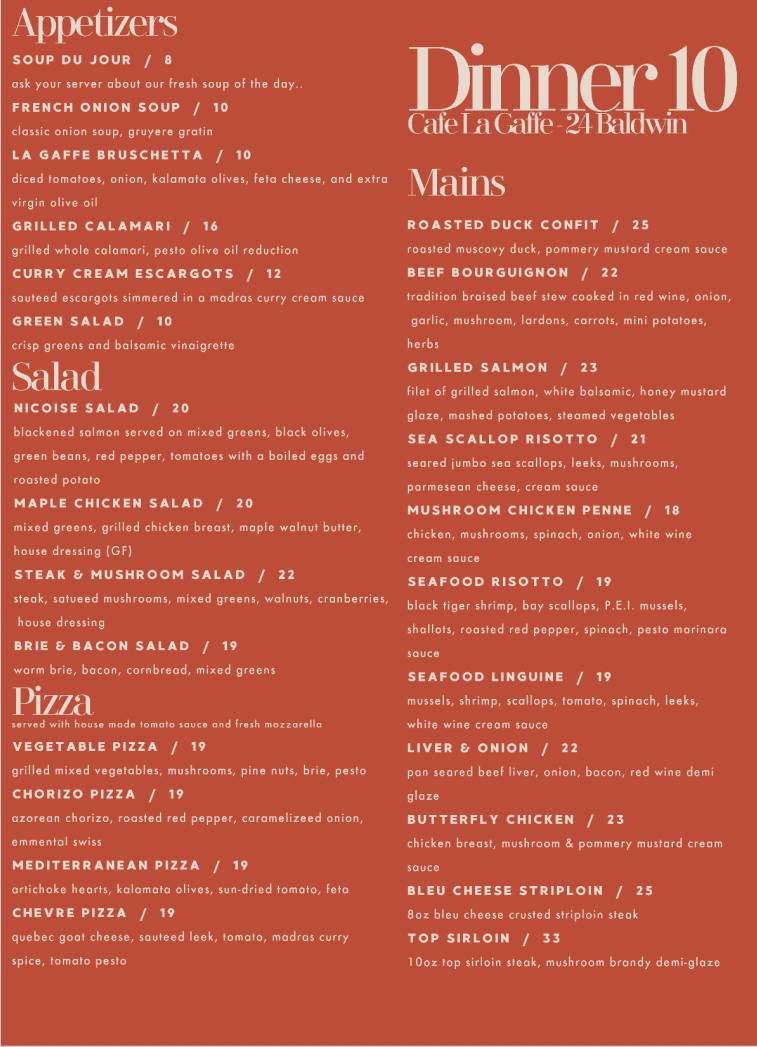 Menu at Cafe La Gaffe, Toronto