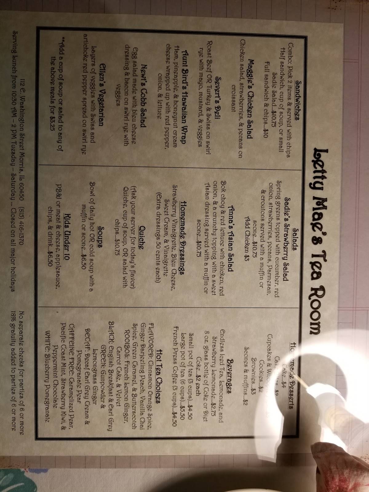 Menu at Letty Mae's Tea Room cafe, Morris
