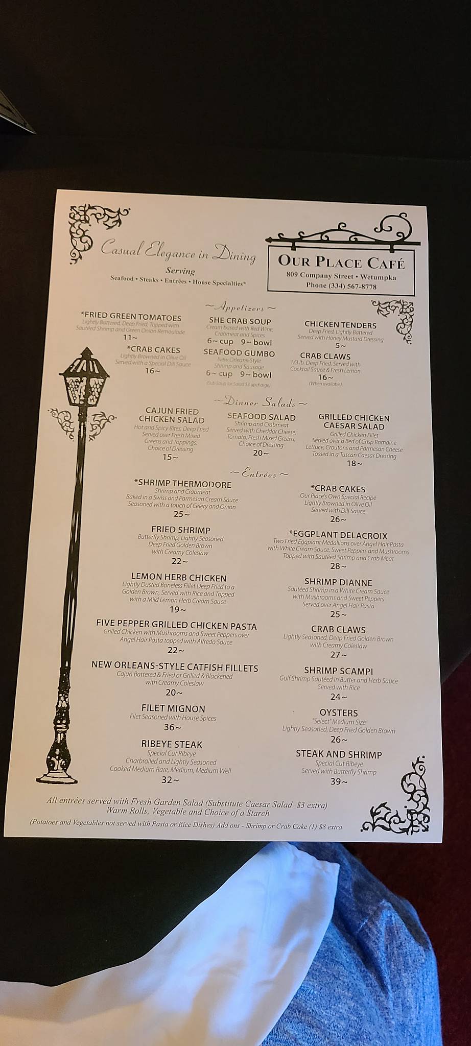 Menu at Our Place Cafe, Wetumpka