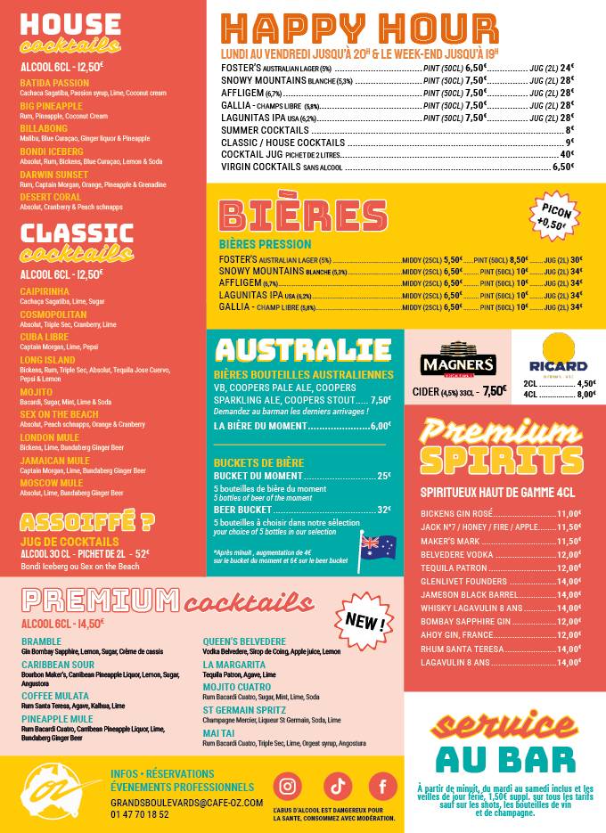 Menu au Café Oz The Australian Bar Grands Boulevards, Paris, 8 ...