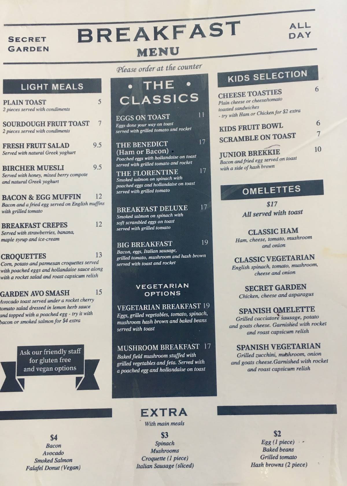 Menu at Secret Garden Cafe & Patisserie, South Perth, 64 Angelo St