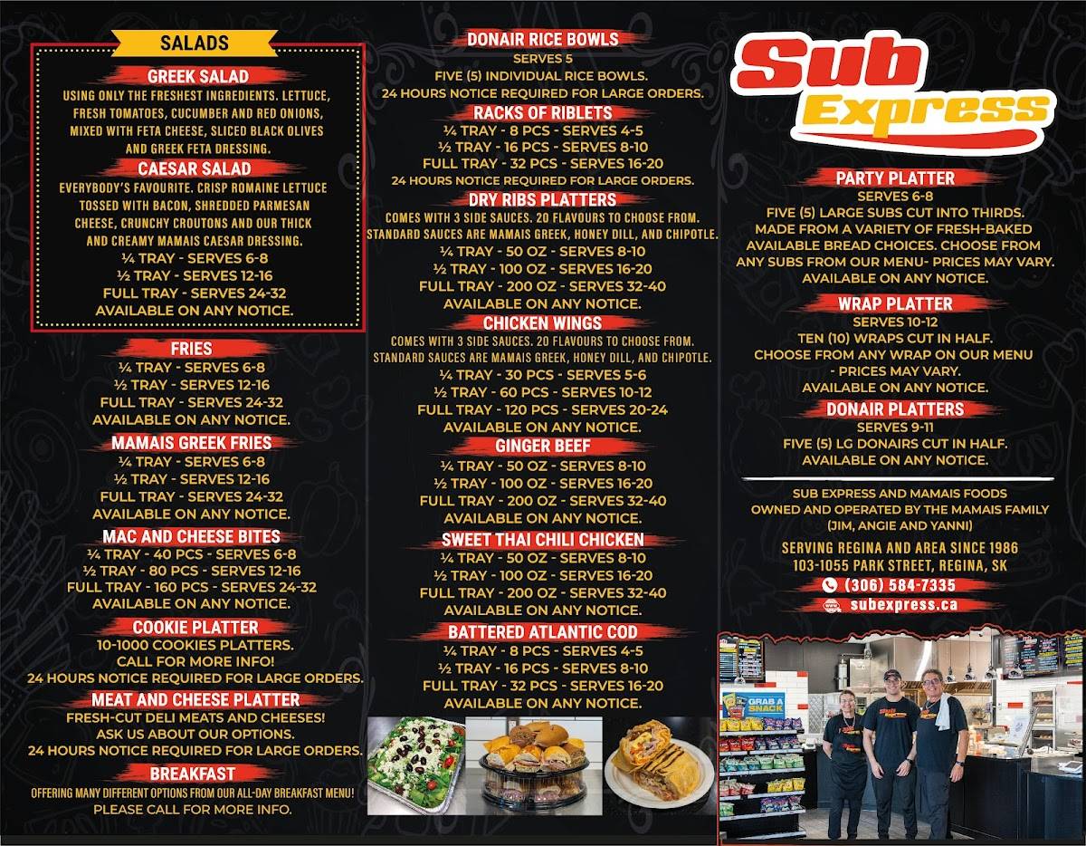 Menu at Sub Express cafe, Regina