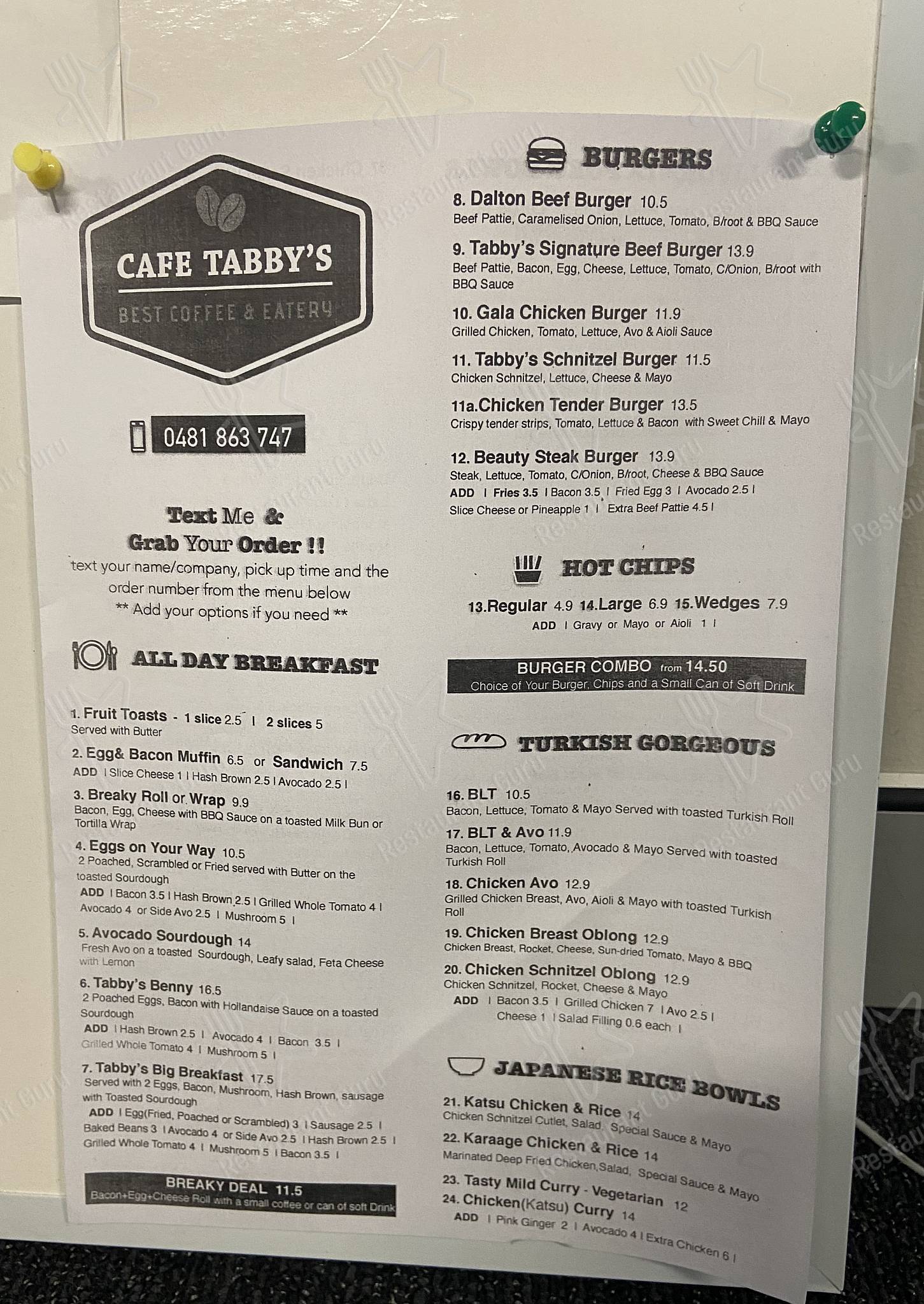Menu at Cafe Tabby's, Upper Coomera