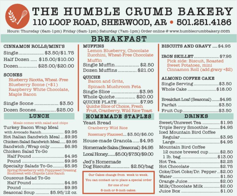 Menu at The Humble Crumb cafe, Sherwood