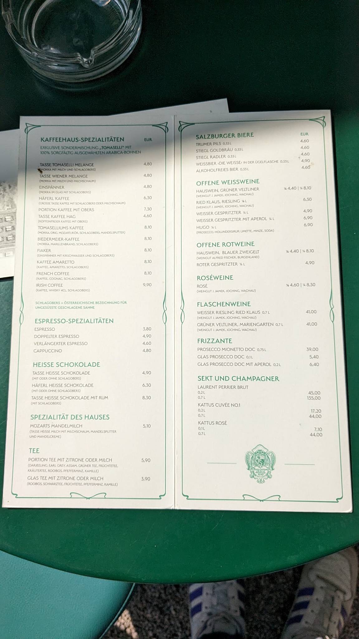 Menu at Café Tomaselli cafe, Salzburg