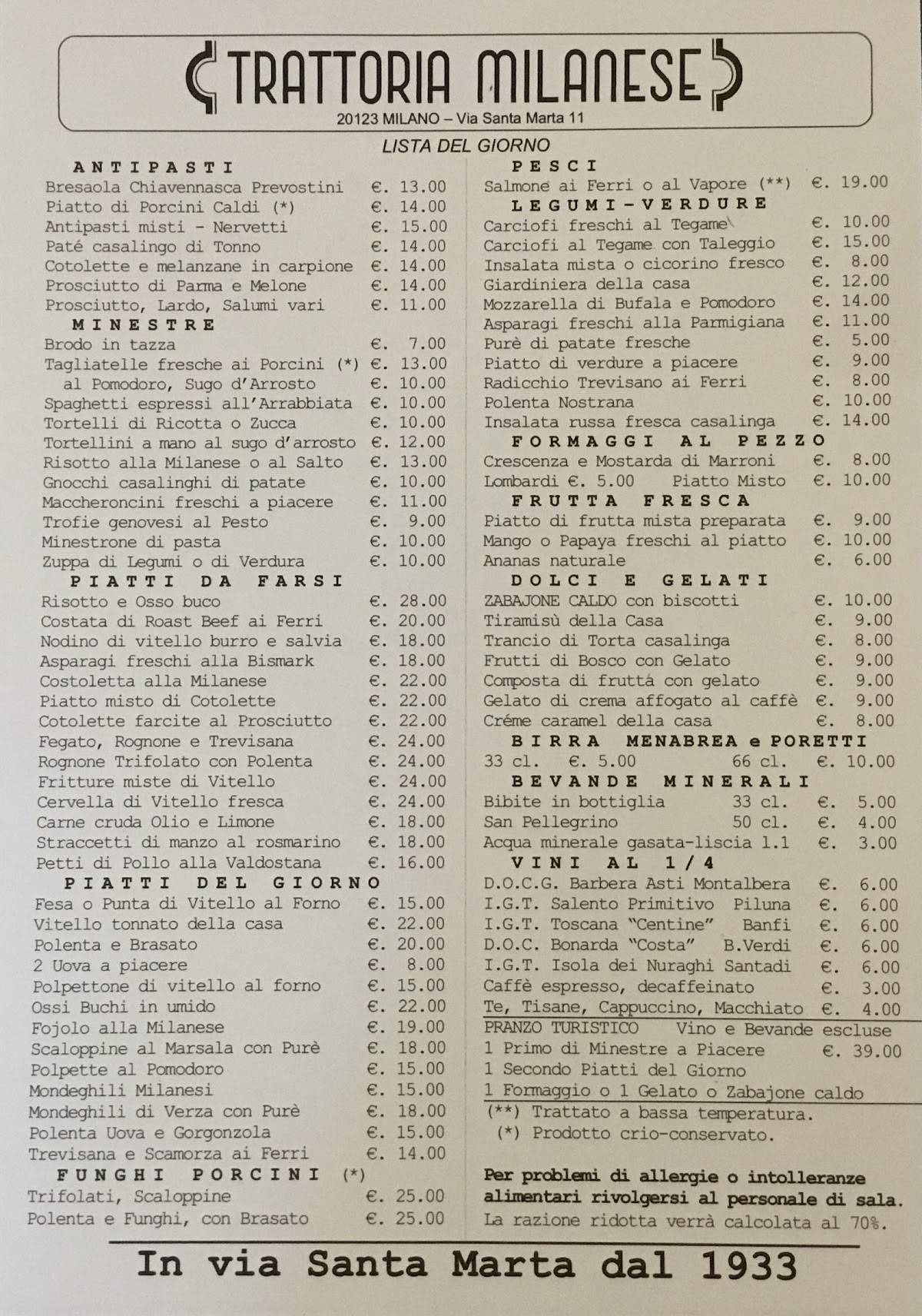 Menu da Trattoria Milanese - Dal 1933 caffè bar, Milano, Via Santa Marta