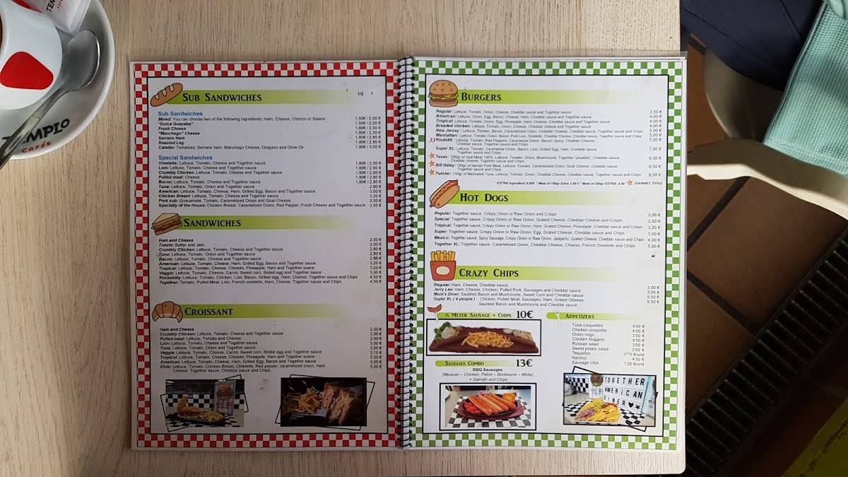 Menu at Cafeteria Together American Diner, Las Chafiras