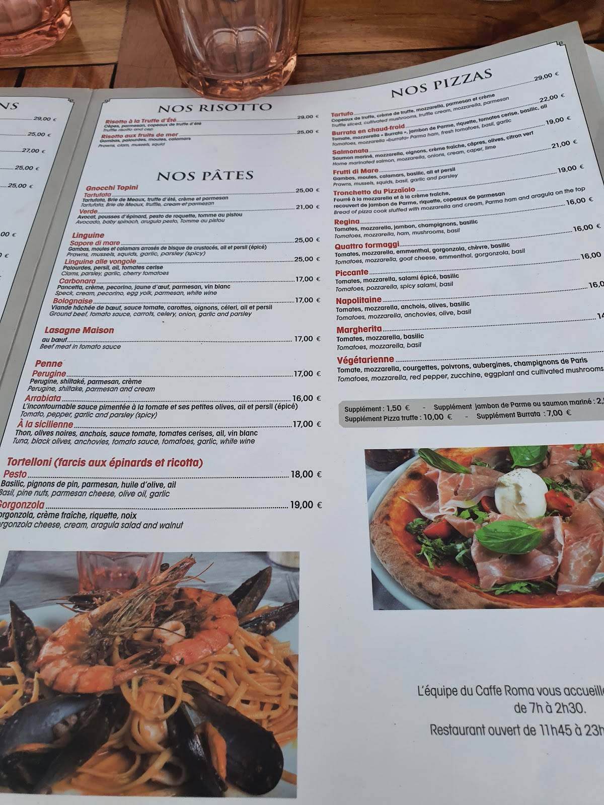 Menu at Caffé Roma cafe, Cannes