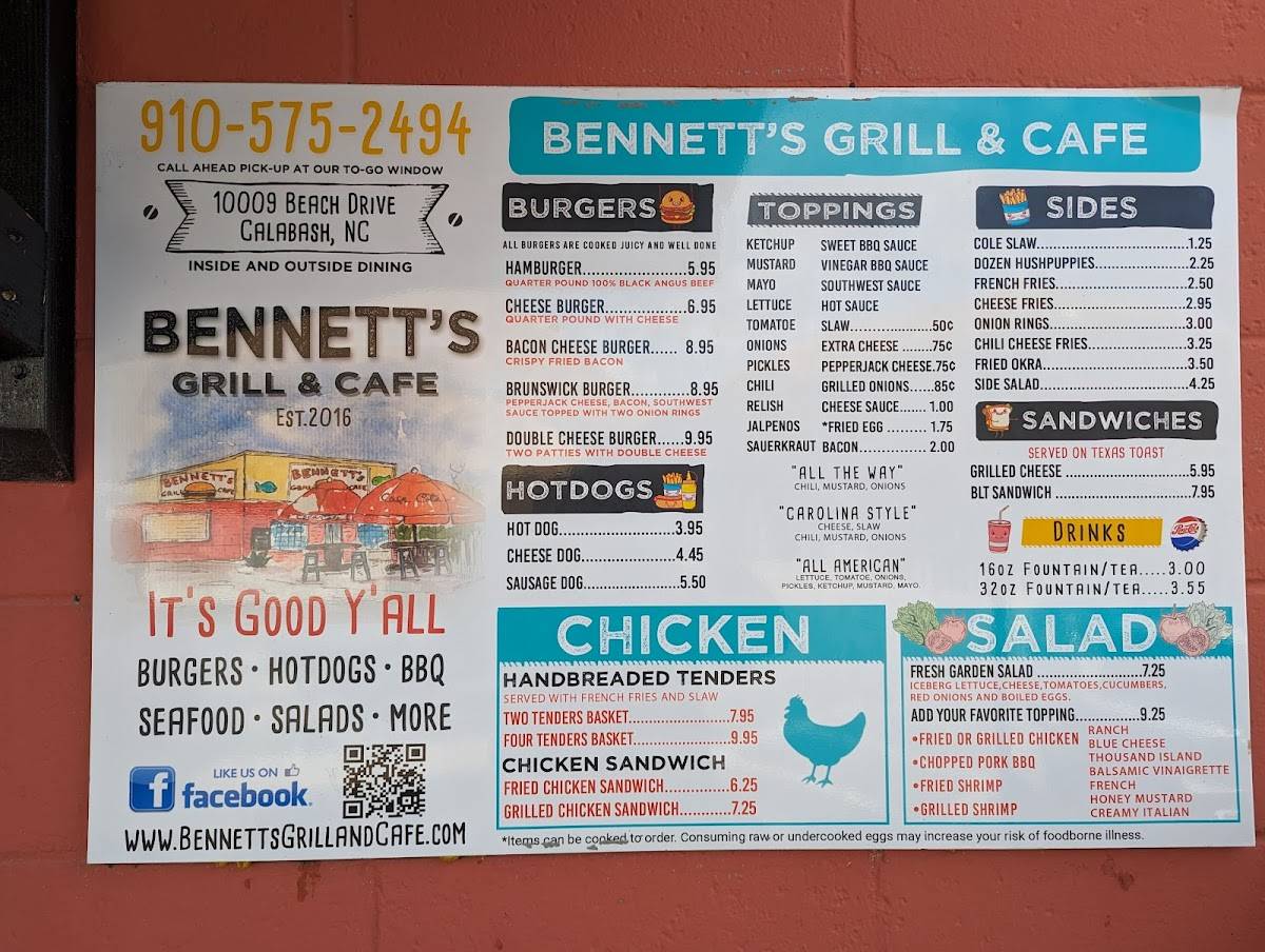 Menu at Bennett's Grill and Cafe, Calabash
