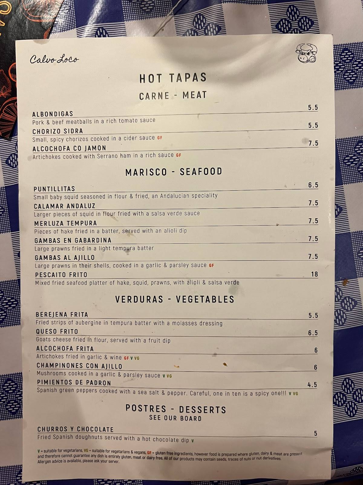 Menu at Calvo Loco Tapas Bar, Exeter