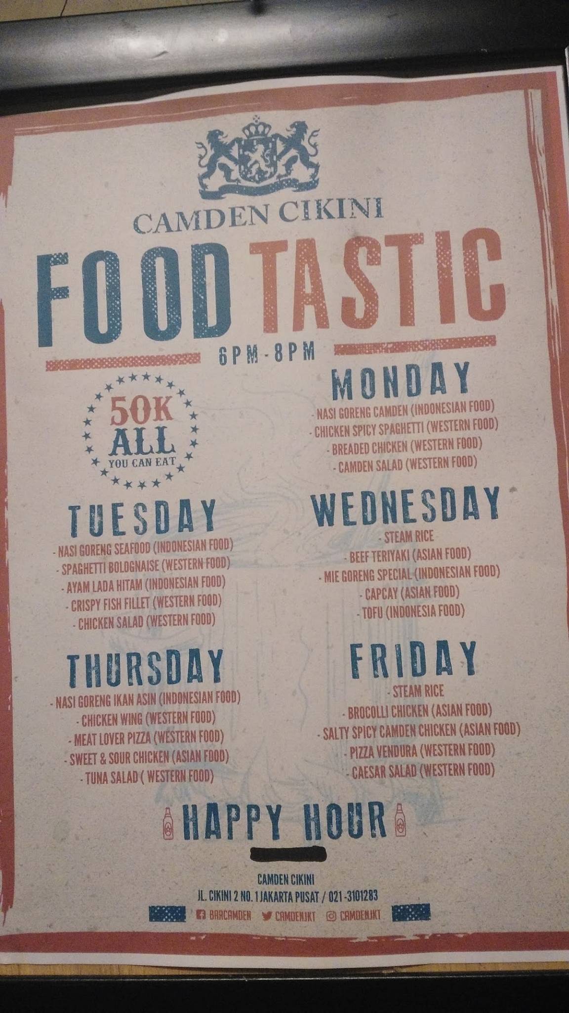Menu at Camden Bar, Jakarta, Jl. Cikini 2 No.1