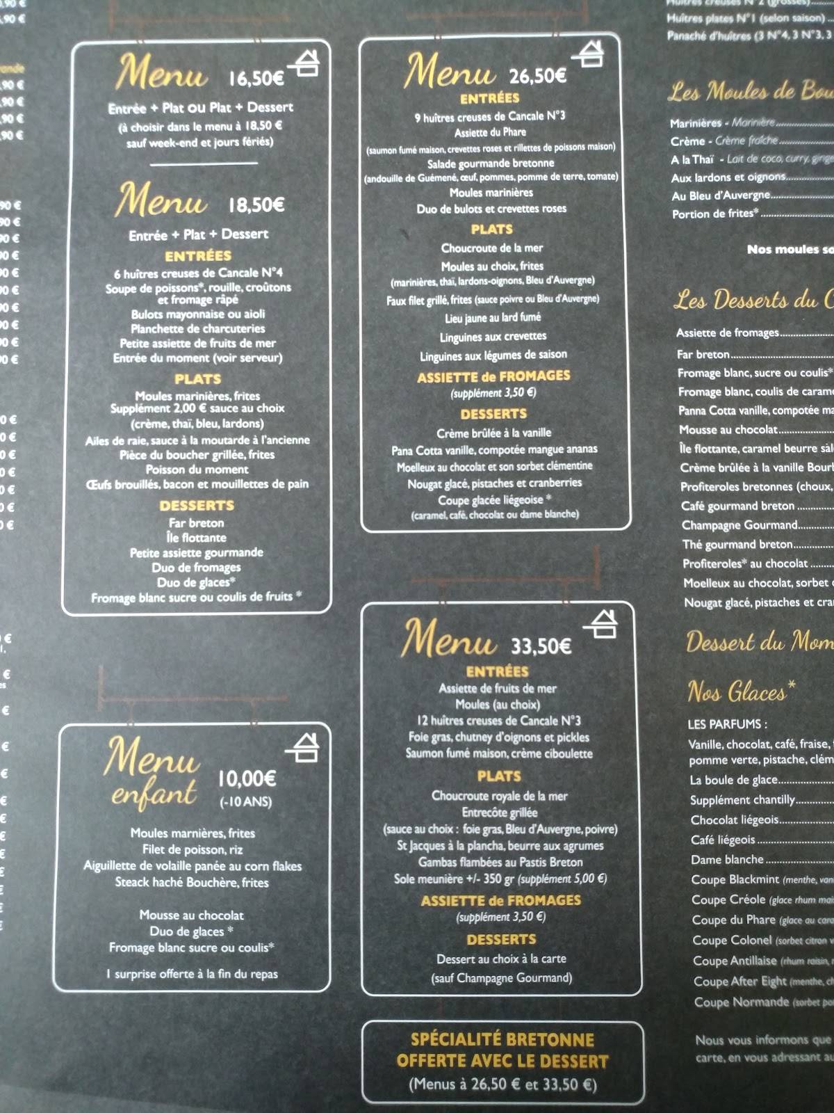 Menu au Le Phare restaurant, Cancale, 6 Quai Administrateur Chef Thomas