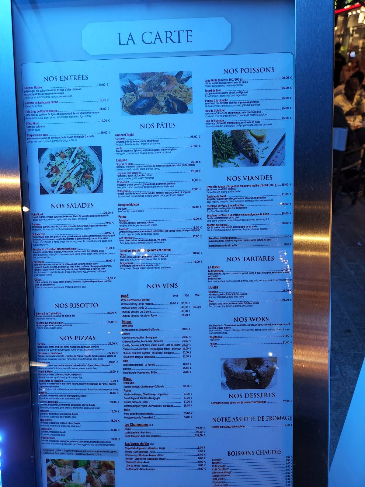 Menu at Caffé Roma cafe, Cannes