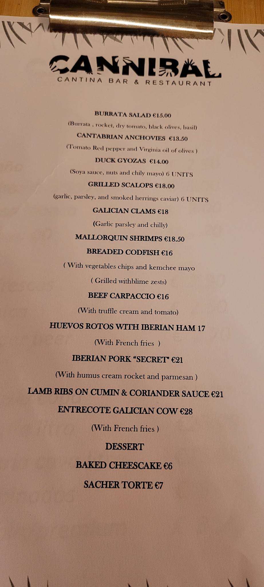 Menu at Cannibal cantina bistro restaurant, Palma