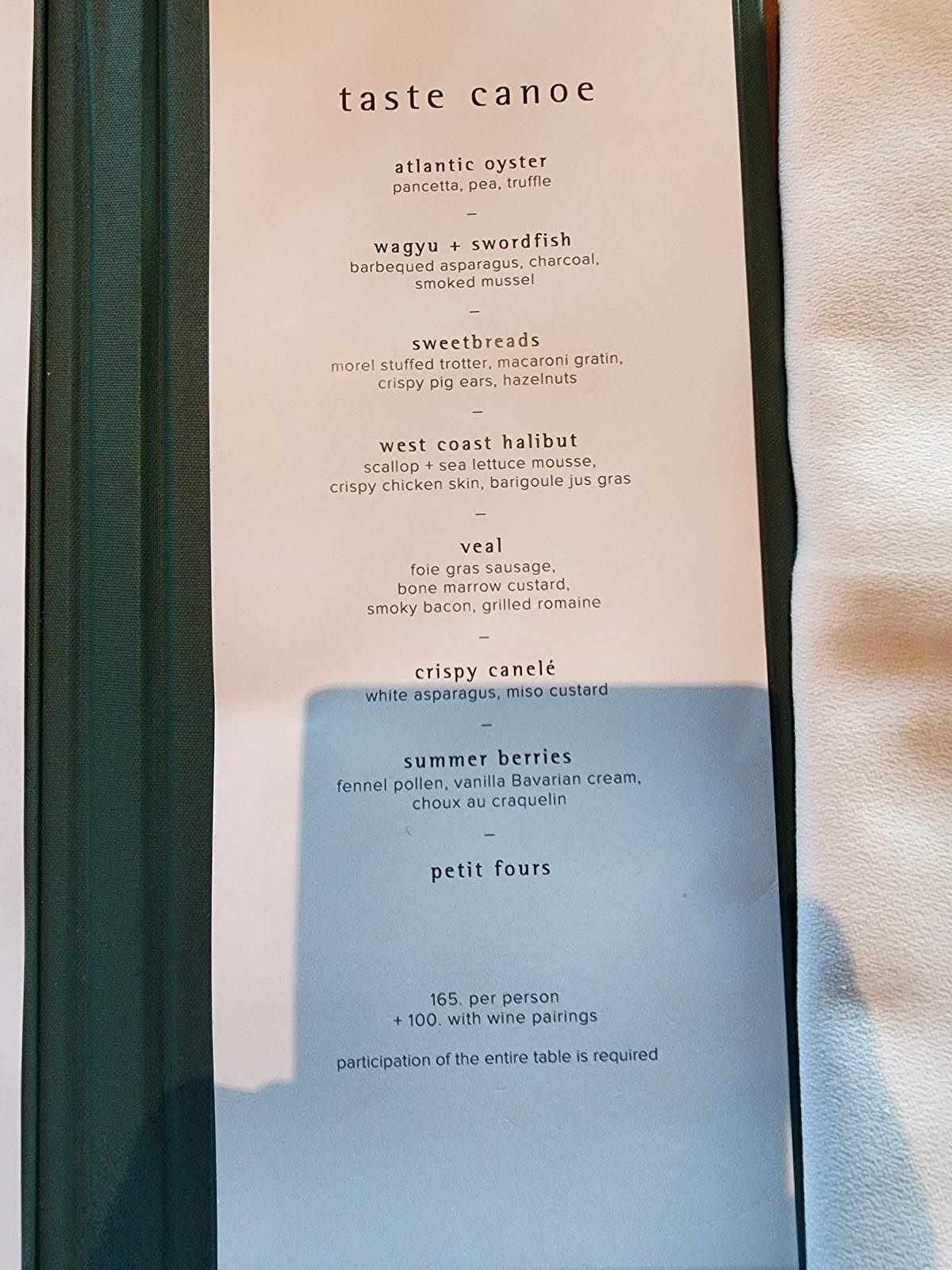 Menu at Canoe restaurant, Toronto, 66 Wellington St W 54th floor