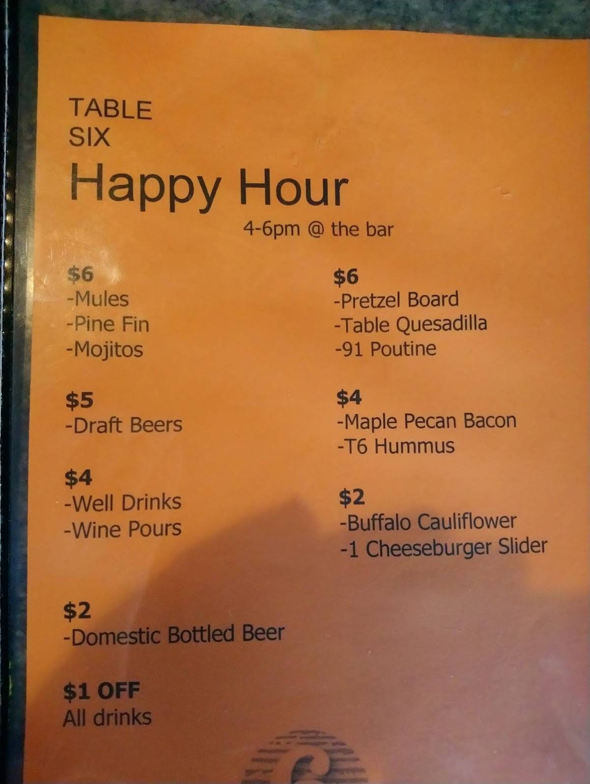 Menu at Table Six Kitchen + Bar, North Canton
