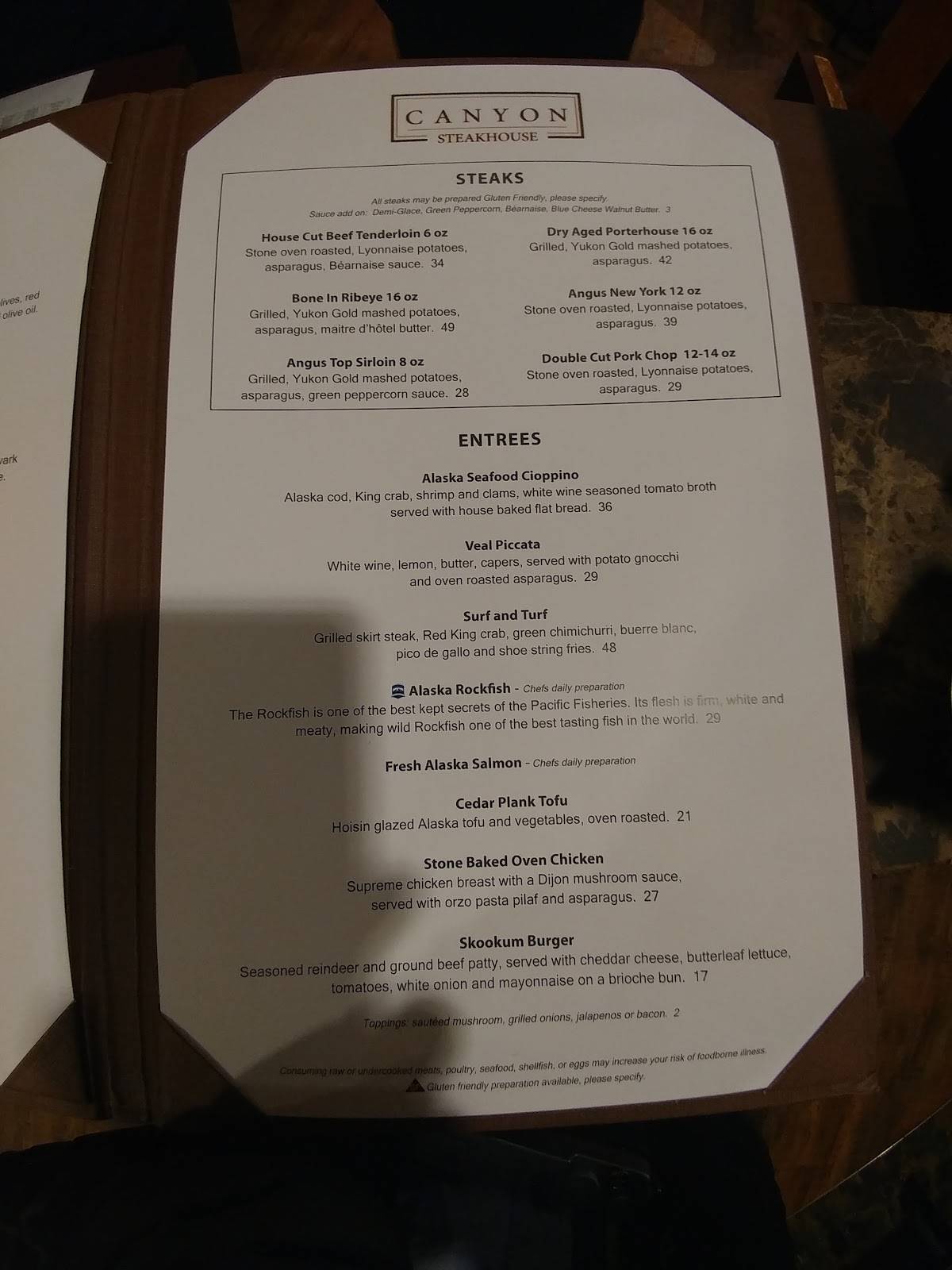 Menu at Canyon Steakhouse, McKinley Park