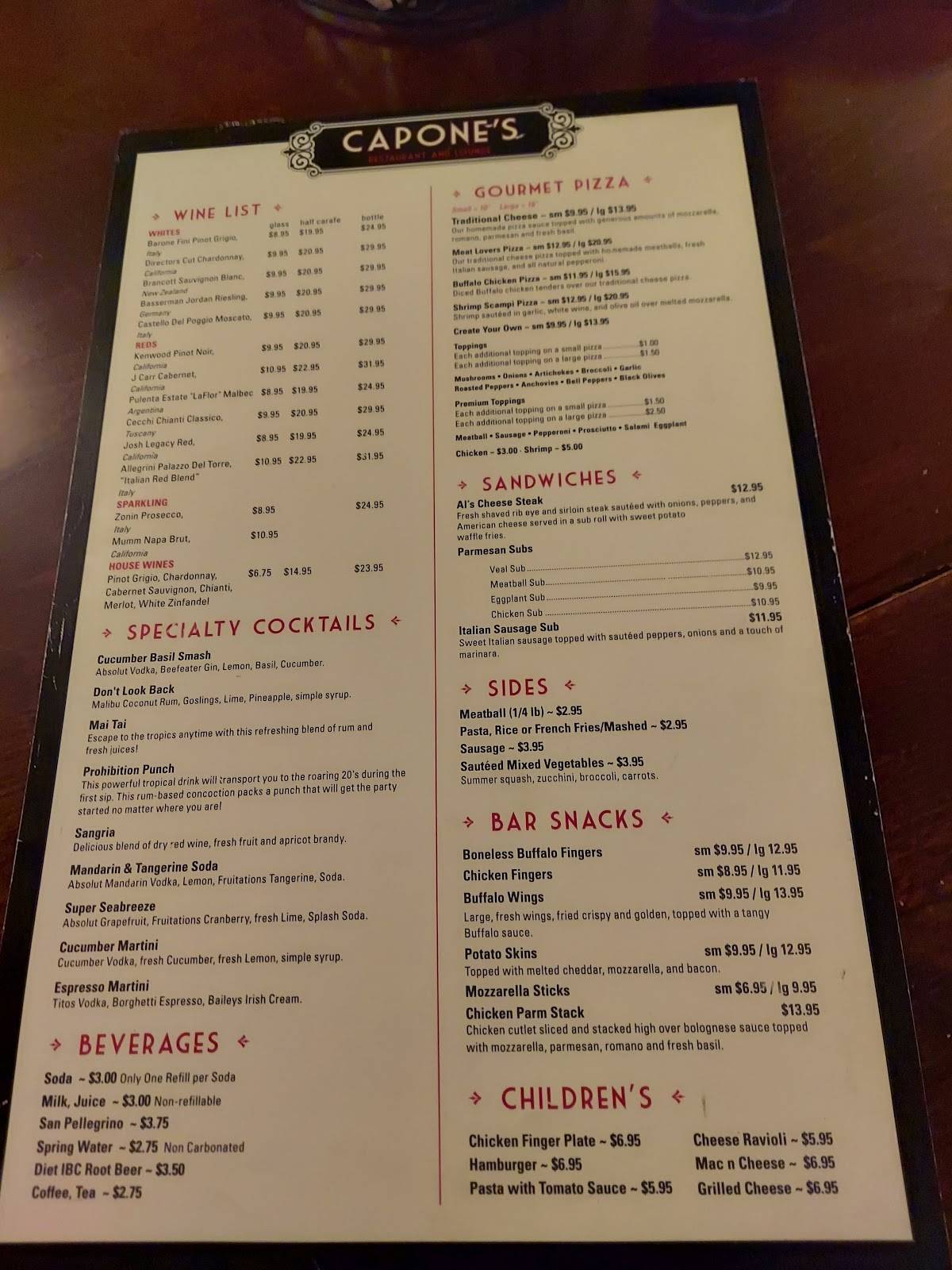 Menu at Capone's Restaurant & Lounge, Peabody