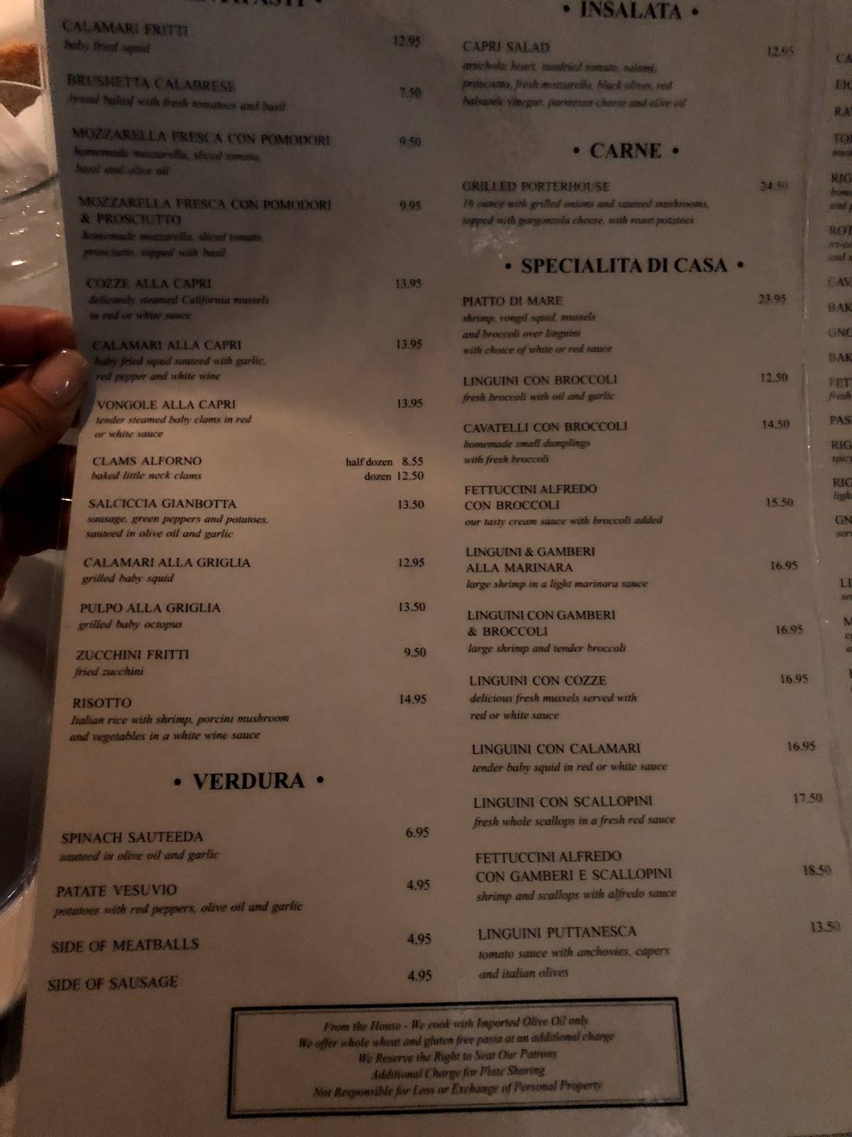 Menu at Capri Ristorante Italiano restaurant, Palos Heights, S Harlem Ave