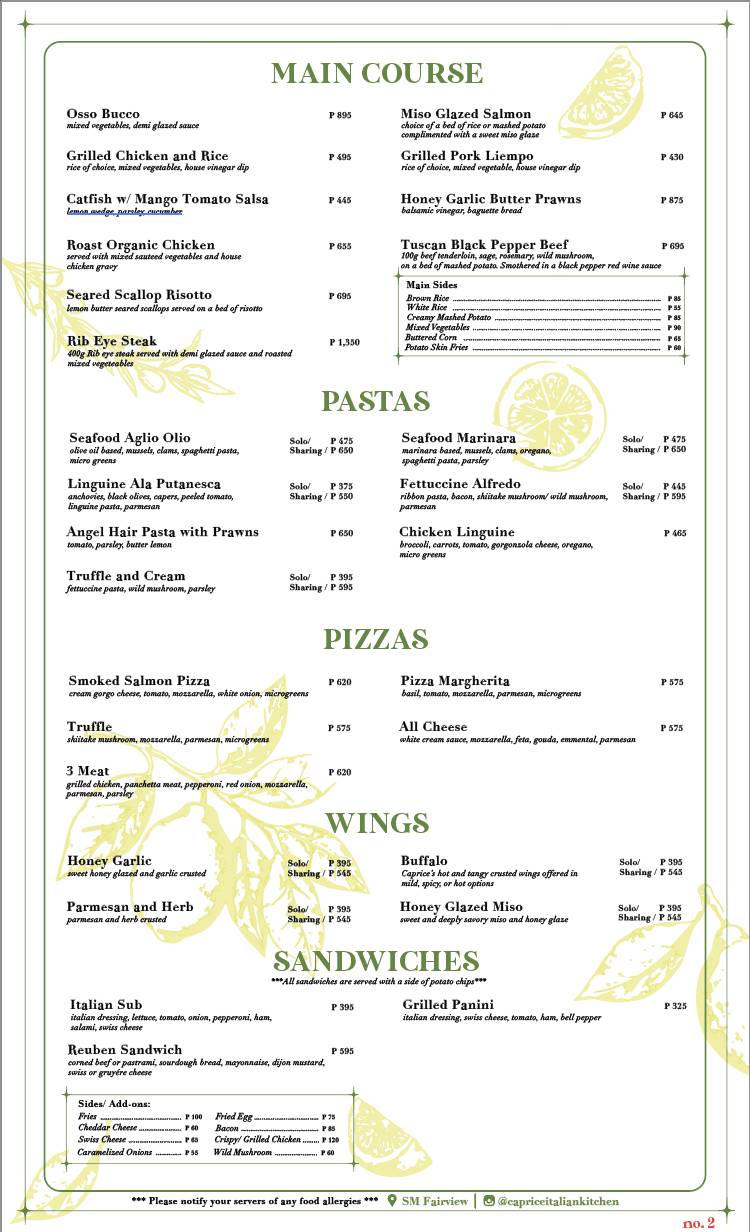 Menu at Caprice Italian Kitchen & Bakery, Quezon City