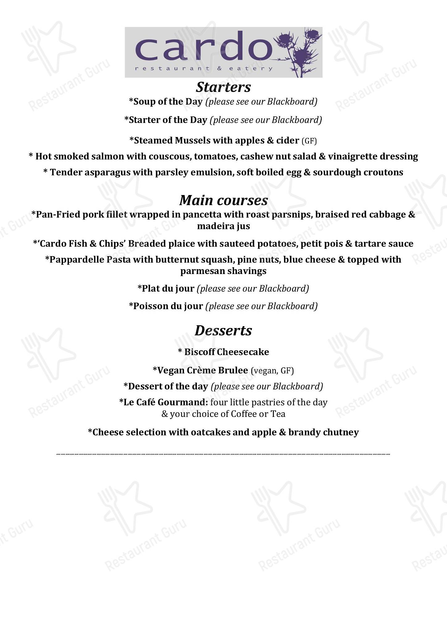Menu at Cardo restaurant, Perth