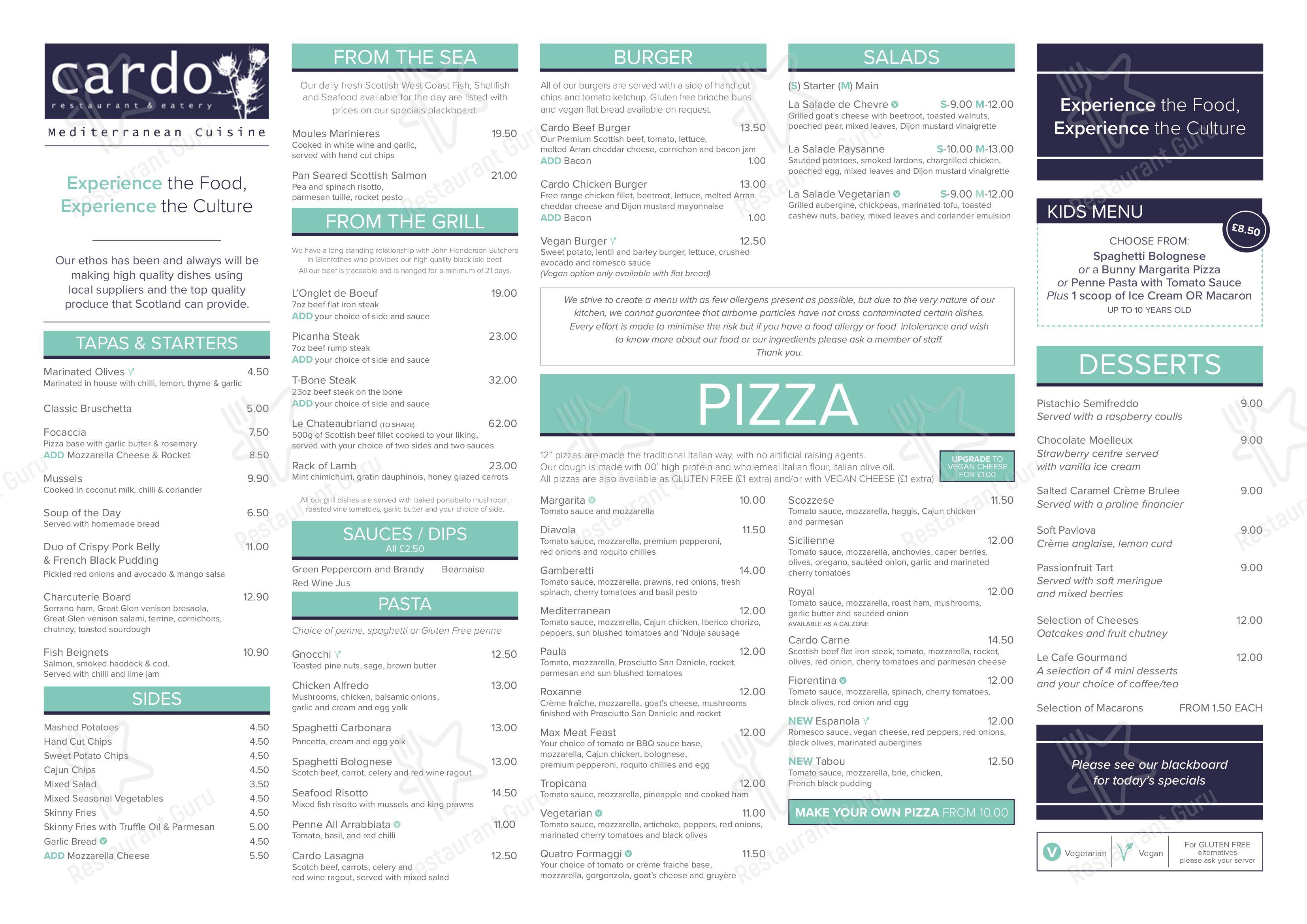 Menu at Cardo restaurant, Perth