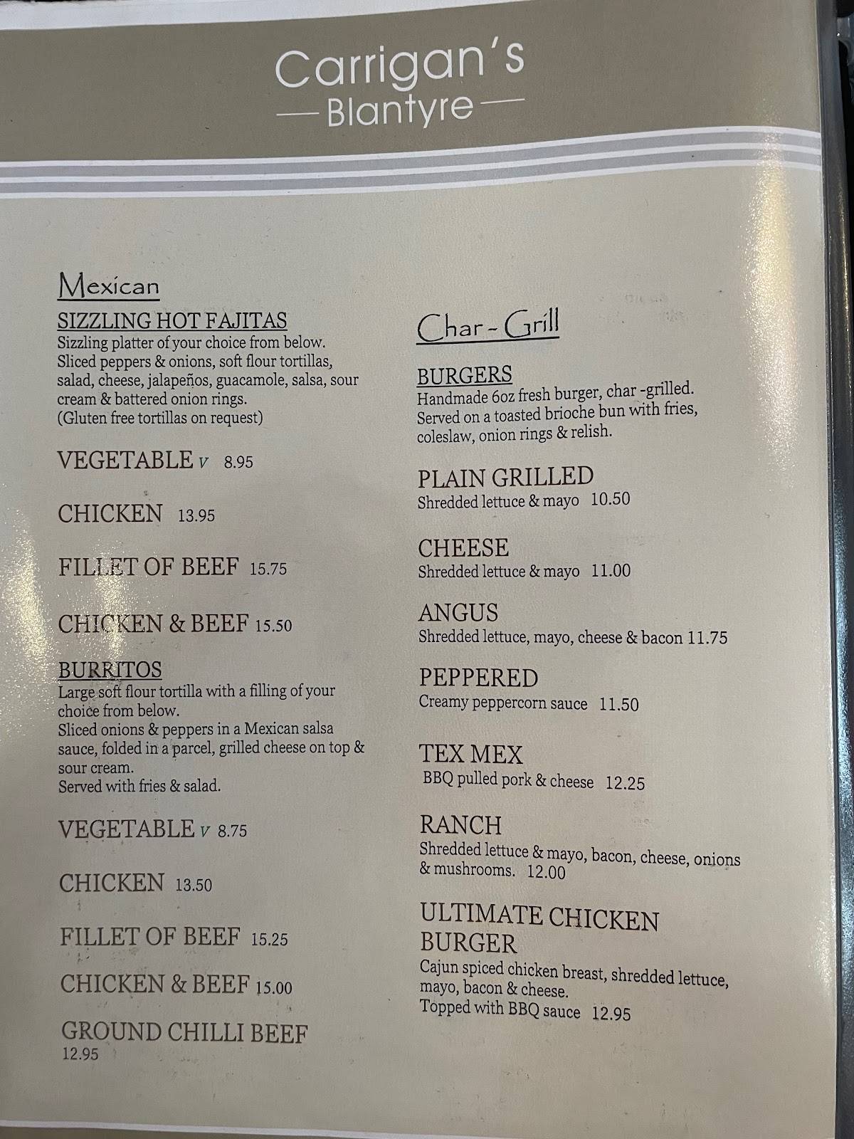 Menu at Carrigan's Blantyre restaurant, Glasgow