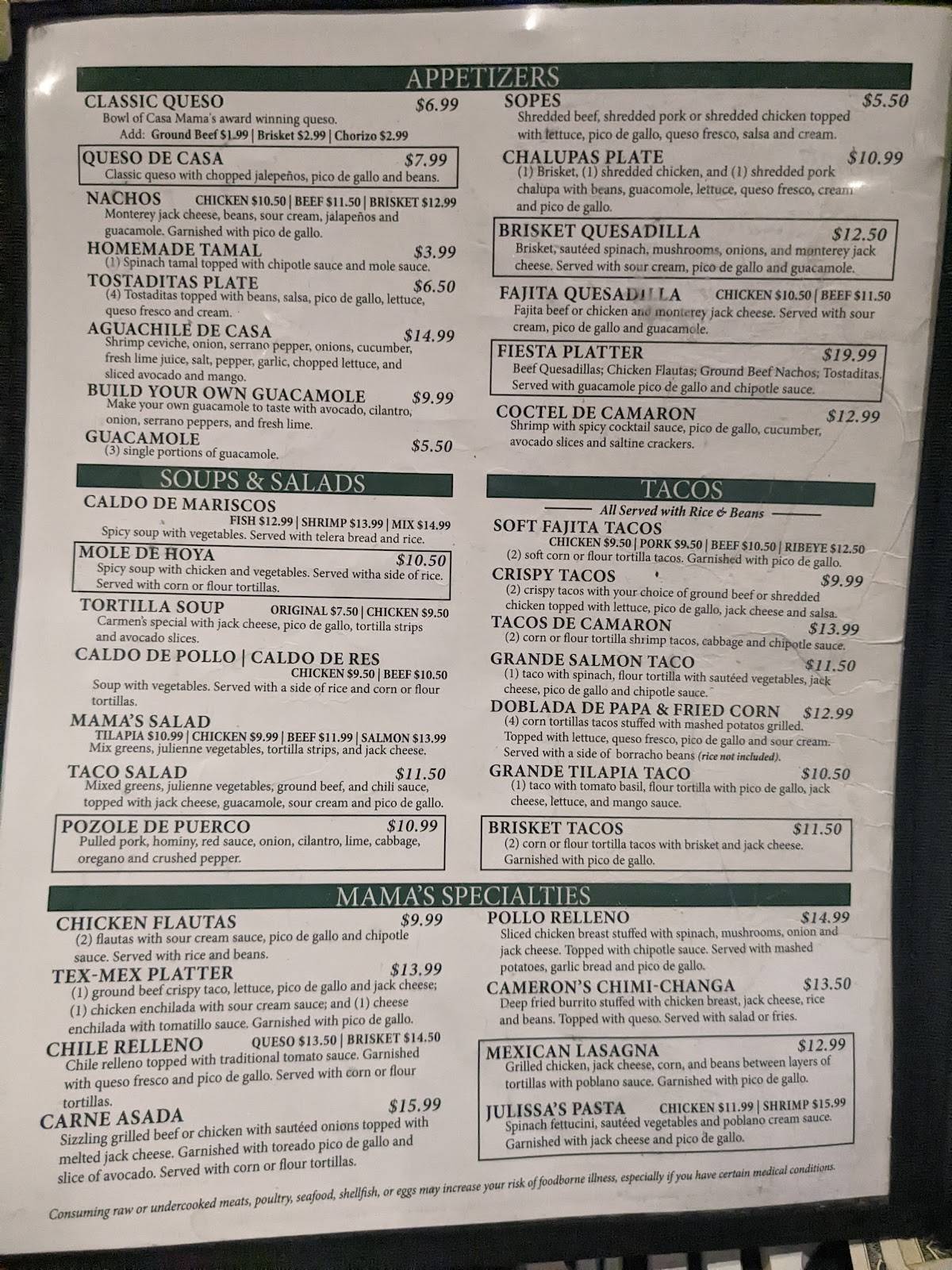 Menu at Casa Mama restaurant, Rockwall