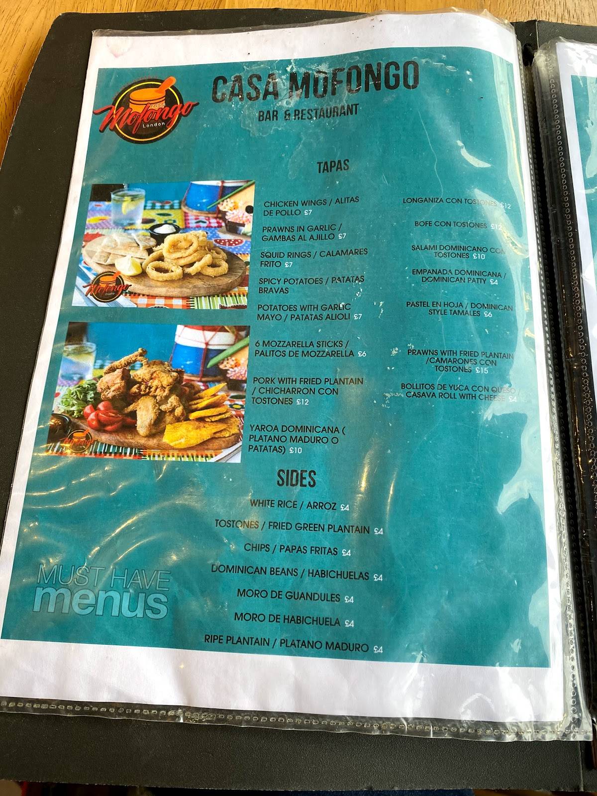 Menu at Casa Mofongo Bar Restaurant, London