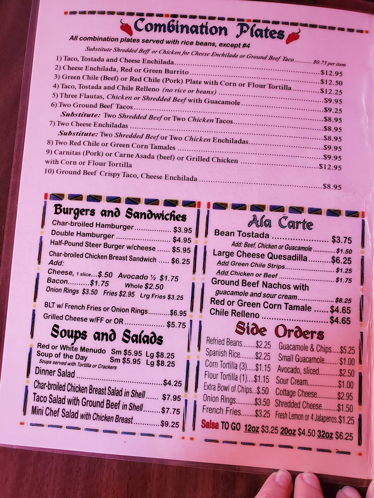 Menu at Casa Rivera's Taco Express restaurant, Oracle