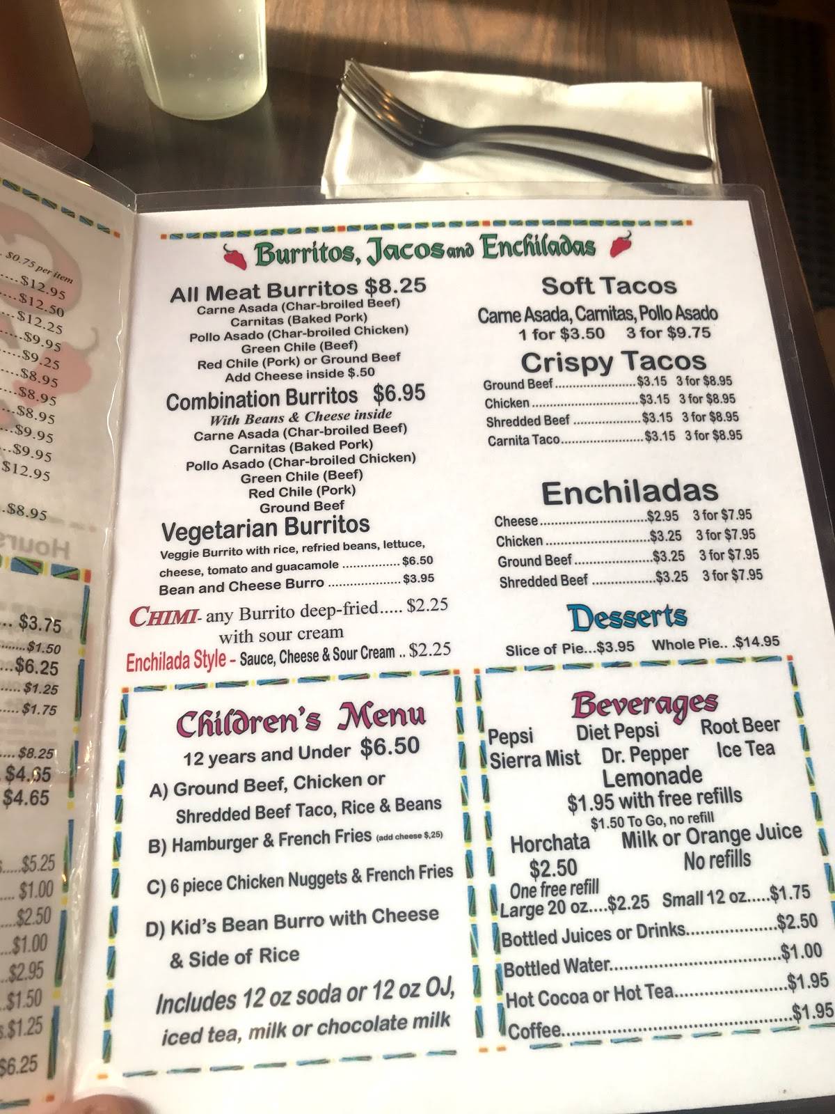 Menu at Casa Rivera's Taco Express restaurant, Oracle