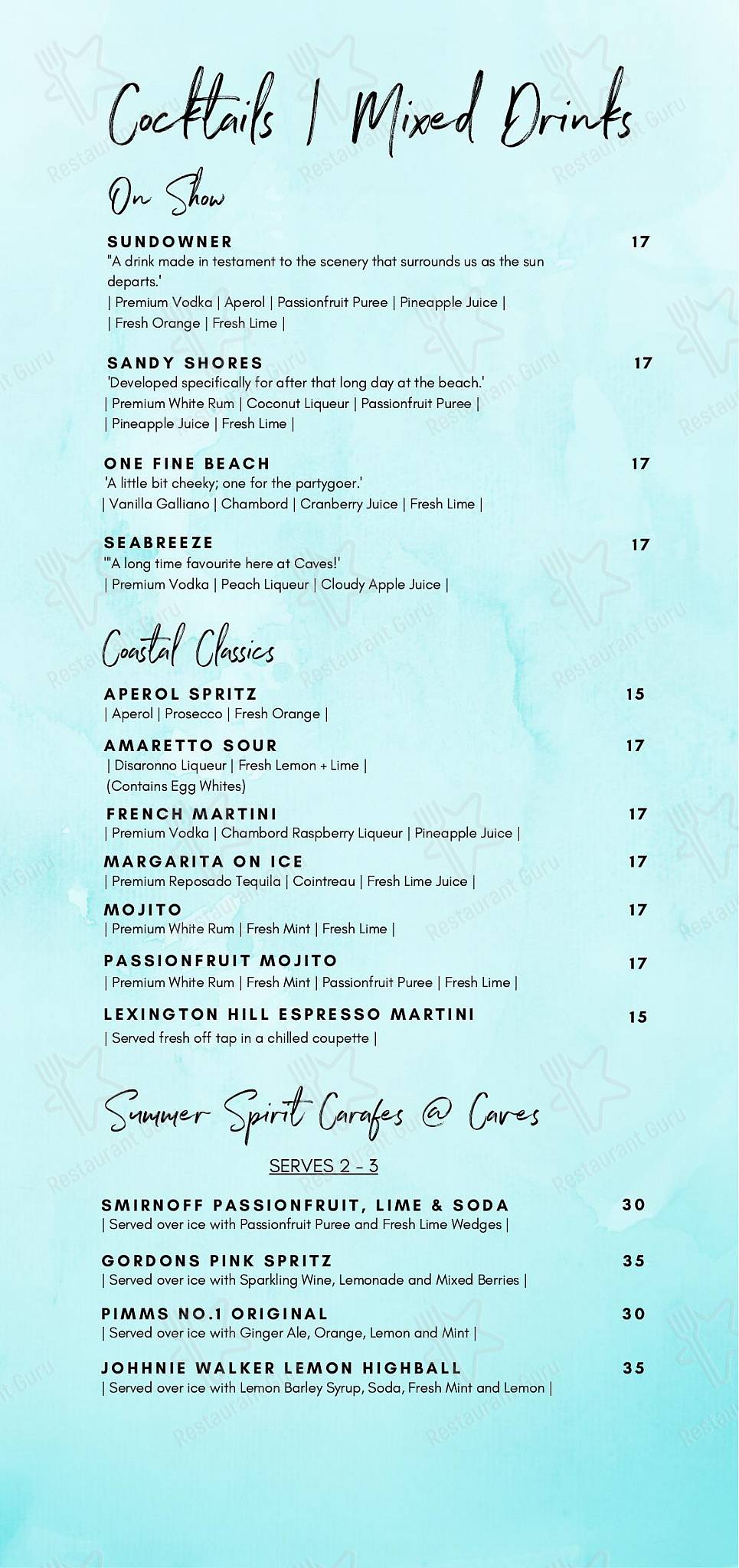 Menu at Caves Beachside pub & bar, Caves Beach