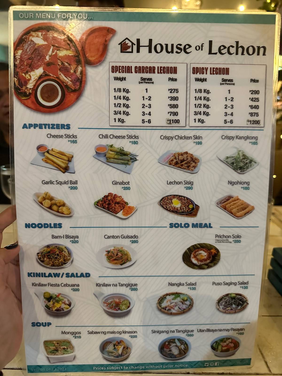 Menu at House of Lechon restaurant, Cebu City, Acacia St