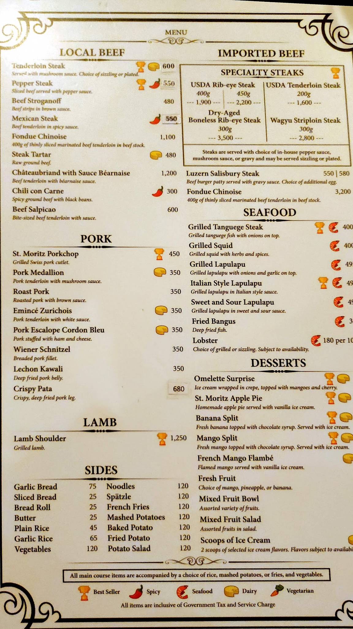 Menu at Luzern Steakhouse, Cebu City