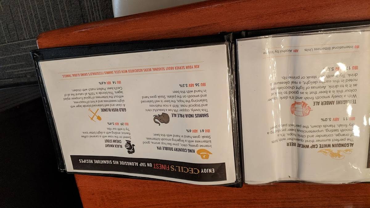 Menu at Cecil's Brewhouse and Kitchen steakhouse, North Bay