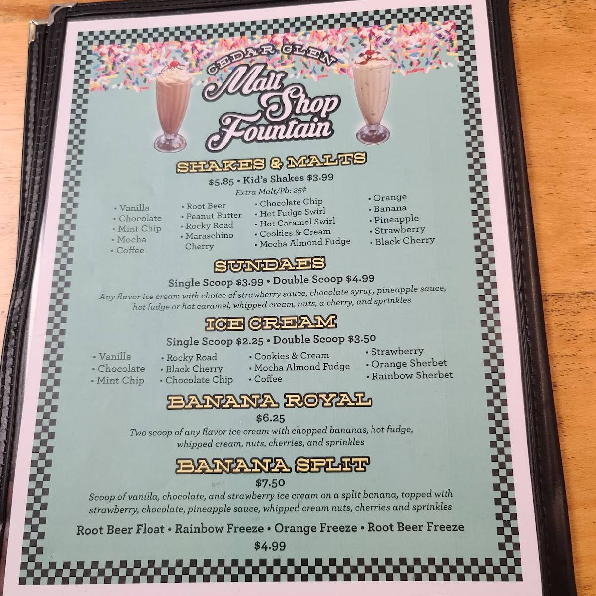Menu at Cedar Glen Malt Shop restaurant, Lake Arrowhead